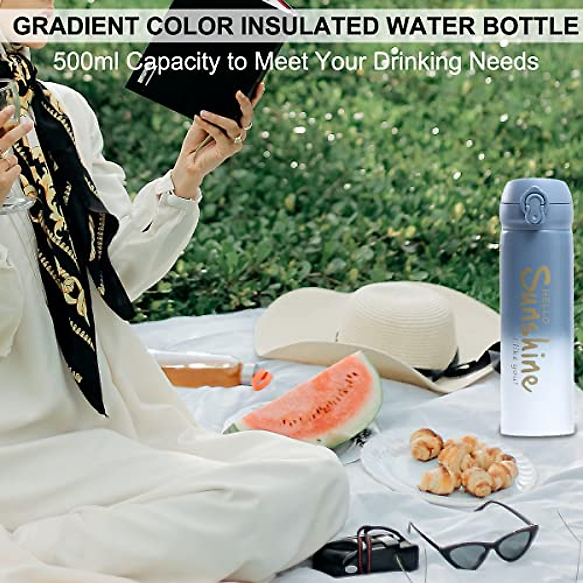 OBR Thermal Water Bottle, Kids Insulated Water Bottle Stainless Steel Water Bottles for School, 500ml/17oz Leak Proof Vacuum Flask for Hot and Cold Drinks, Gradient Blue and White