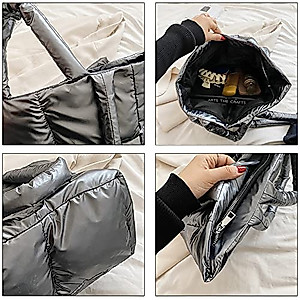 Soft Puffer Tote Bag Puffy Quilted Tote Bag For Women Winter Lightweight Down Cotton Padded Puffer Purse Trendy Luxury Gray