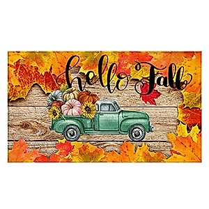 Hello Fall Door Mat Pumpkin Truck Doormat Washable Indoor Or Outdoor Doormat for Living Room Bedroom Dining Kitchen Or Entryway Mat Thanksgiving Holiday Fall Decor 17"X 29"