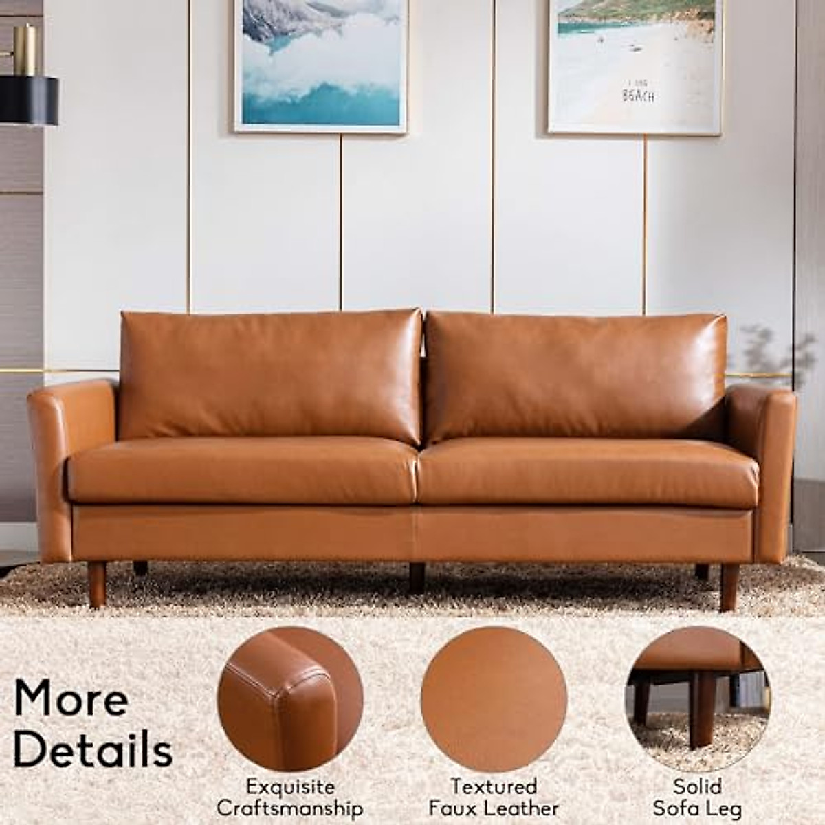 Dreamsir 80'' Faux Leather Sofa, Mid-Century Modern Loveseat Couch with Solid Wooden Frame & Padded Cushions, 3-Seater Sofa Couch for Living Room, Apartment, Lounge Room (Brown)