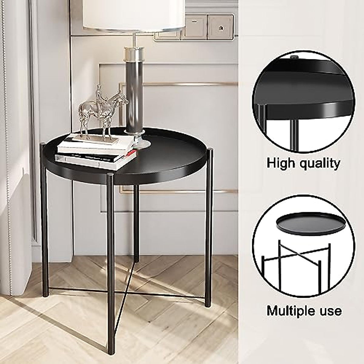 Fixwal End Table, Metal Side Table Black Round End Table Sofa Small Table with Removable Tray for Living Room Bedroom Balcony Patio and Office