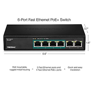 RENDnet 6-Port Fast Ethernet PoE+ Switch, TPE-S50, 4 x Fast Ethernet PoE Ports, 2 x Fast Ethernet Ports, 60W PoE Budget, 1.2 Gbps Switch Capacity, Ethernet Network Switch, Metal