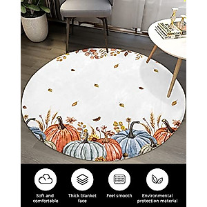 Round Fluffy Area Rug Thanksgiving Fall Pumpkin Harvest Ultra Soft Short Plush Circle Carpet Autumn Leaves Wheat on White Non-Slip Shaggy Accent Throw Rugs for Living Room Bedroom Nursery 48in