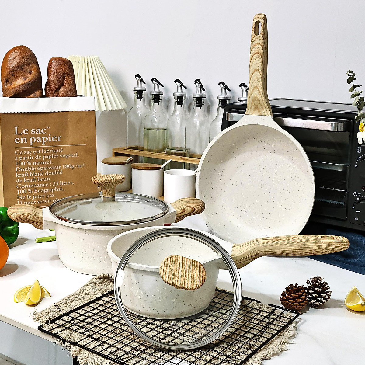 Wodillo Pots and Pans Set Nonstick, Beige Induction Kitchen Cookware Sets, Healthy Skillet Non Sticking Saute Pan & Saucepans(PFOS, PFOA Free)