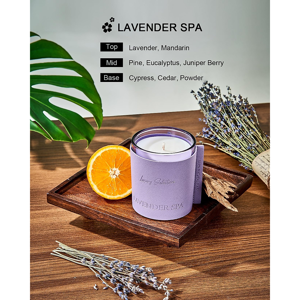 M&SENSE Lavender Spa Soy Candles for Home Scented, Stress Relief Aromatherapy Candles for Meditation Spa Yoga, Leather Wrapped Luxury Candle Gifts for Women,40 Hours Long Lasting, 7.4oz