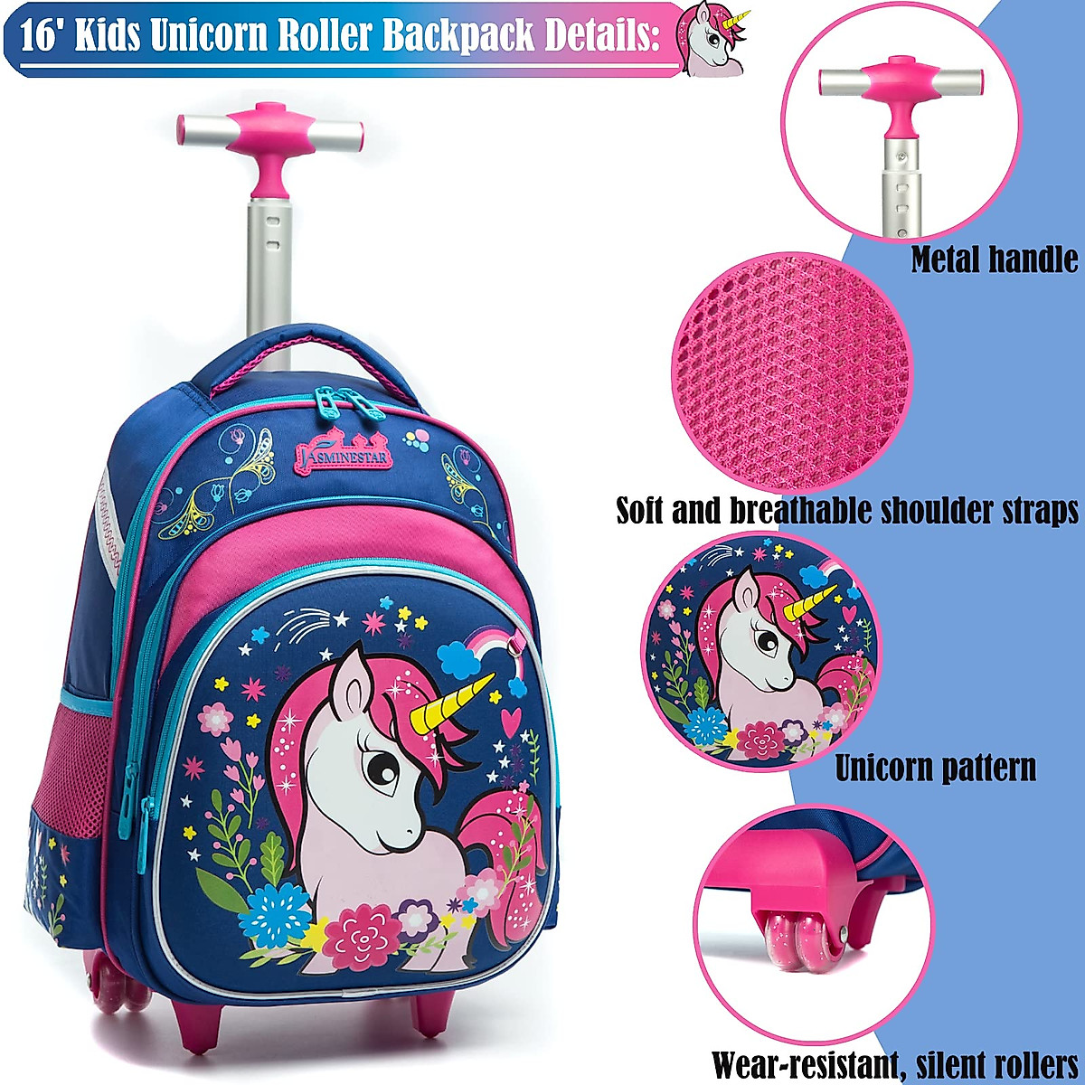 Egchescebo School Kids Unicorn Rolling Backpack With Wheels Trolley Wheeled Backpacks Travel Bags 16' 3PCS Girls Backpack With Lunch Box Blue