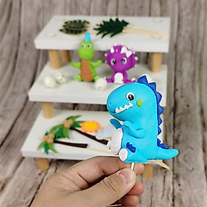 Dinosaur Cake Toppers Clay Dinosaurs Palm Leaves Dinosaur Eggs for Boy Girl Kid Birthday Baby Shower Dinosaur Theme Jungle Party Supplies (Multicolor)