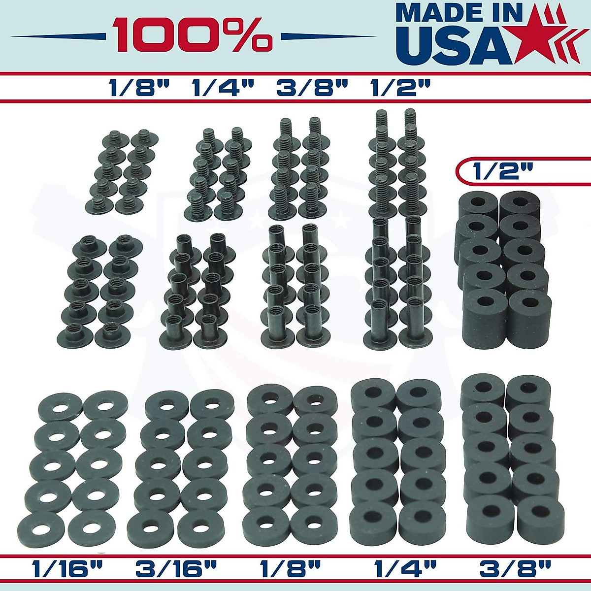 Black Chicago Screw - Thru Hole Binding Post Kit 1/8, 1/4, 3/8, 1/2 Inch Machine Screw Fasteners + Rubber Washers, QuickClipPro Kydex Leather Holster Sheath (1/8" - Flat Head 10 Pack)