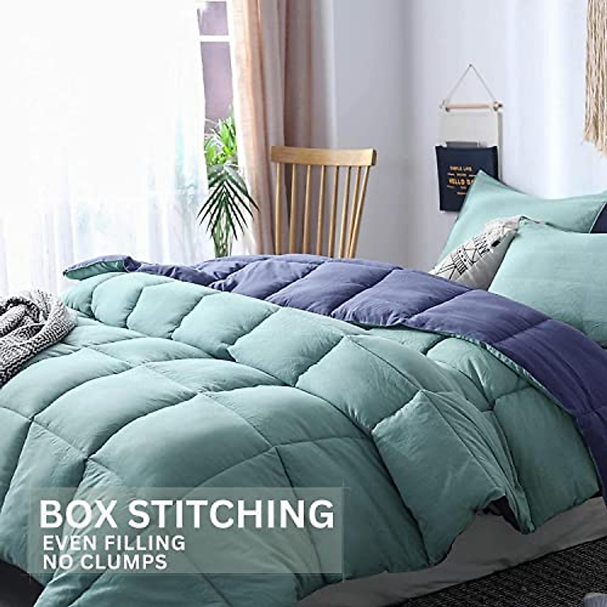 KASENTEX All Season Down Alternative Quilted Comforter Set Reversible Ultra Soft Duvet Insert Hypoallergenic Machine Washable, King, Turquoise Sea Green/Twilight Blue