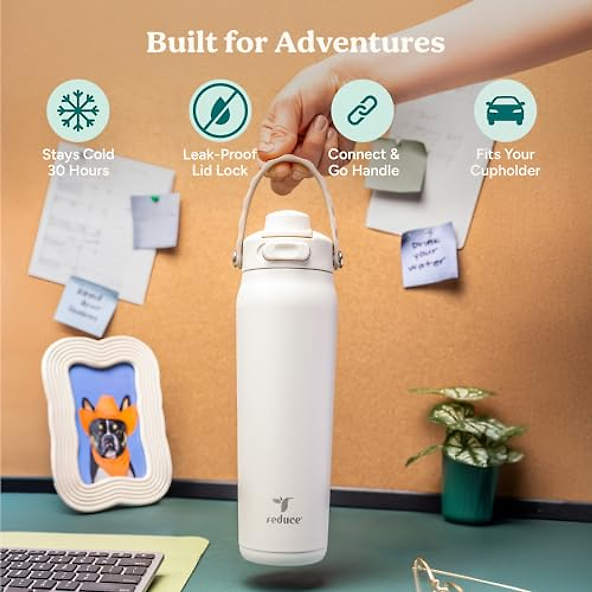 REDUCE Aura Vacuum Insulated 26 oz Water Bottle - Leak-Proof & Chug Spout for Quick Hydration - Keeps Drinks Cold for 30 Hours - Removable Handle for Travel or Gym - Soft Sit Base - Mineral Blue