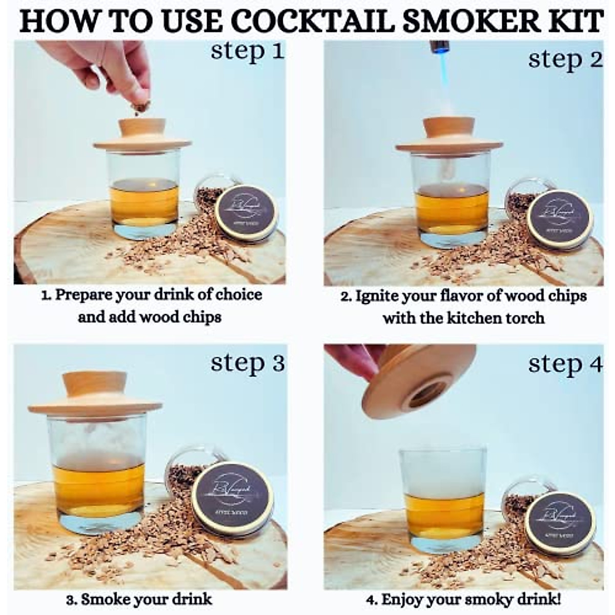 Hello_ReVamped Cocktail Smoker Kit with Torch , Whiskey Included Mixer Four Kinds of Wood Chips Bourbon Drink Infuser for Infused Cocktails, Black, (CS200)