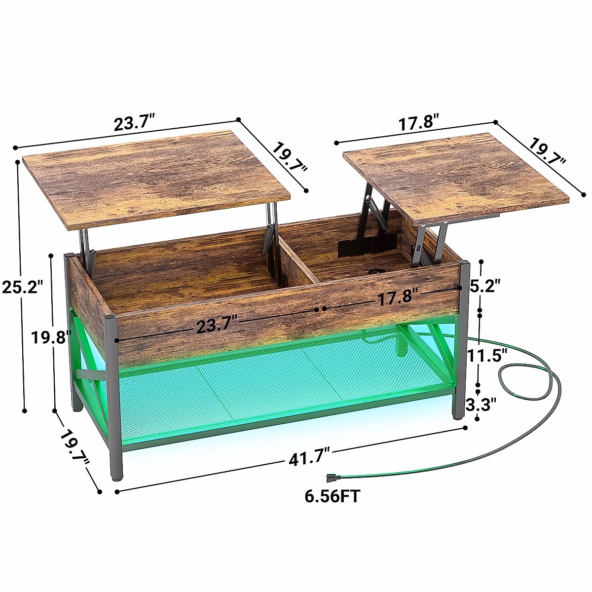 Aheaplus Coffee Table, Lift Top Coffee Table with LED Light and Power Outlet, Modern Lift-Top Center Table with Storage Shelf, for Living Room with Lift Tabletop, X Support Metal Frame, Rustic Brown