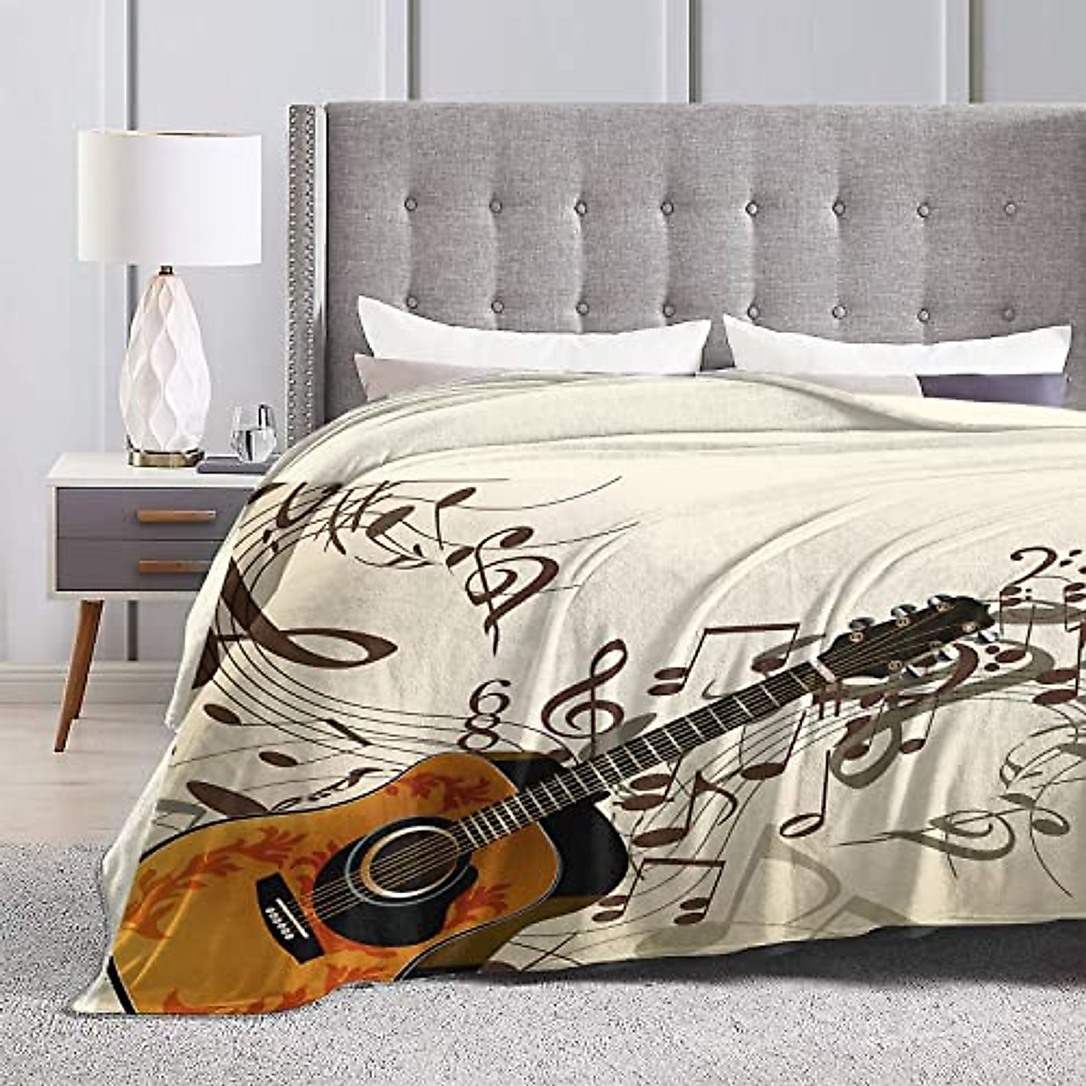 AuHomea Vintage Music Notes Guitar Throw Blanket Lightweight Flannel Fleece Blankets Warm and Cozy Throws for Winter Bedding and Couch 40"X50" Inches for Kids Adults