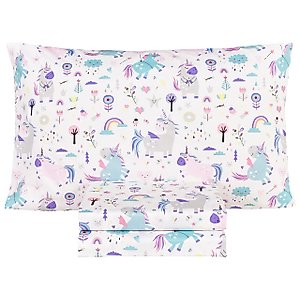 Scientific Sleep Cute Unicorn Flower Rainbow 100% Cotton Cozy Twin Bed Sheet Set, Flat Sheet & Fitted Sheet & Pillowcase Natural Bedding Set (Unicorn, Twin)