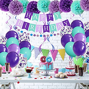 Mermaid Birthday Party Decorations for Girls Women, Happy Birthday Banner Purple Mint Green Confetti Balloons Dots Garland PomPoms Swirls for Birthday Party Baby Shower Graduation Decorations