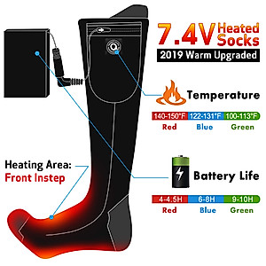 7.4V Heated Socks,Rechargeable Electric Heated Socks Camping Foot Warmer Winter Warm Socks for Men Women-Battery Heat Thick Cotton Thermal Hot Heat Sock for Outdoor Cycling Skiing Hiking,3Heat,Black L
