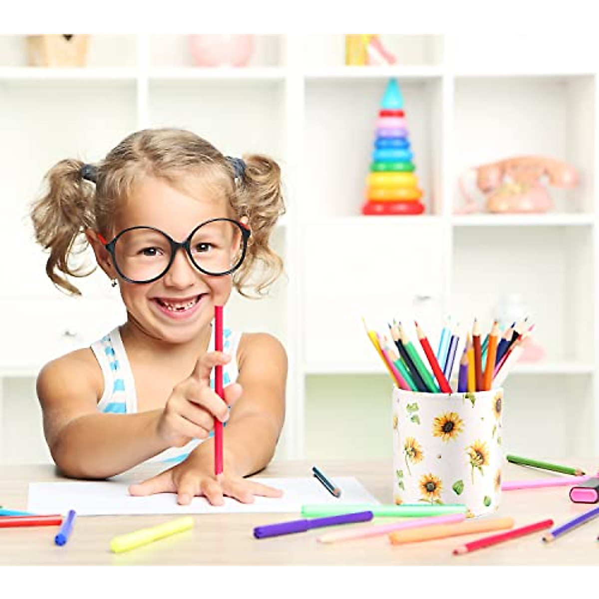 WAVEYU Pen Holder, Makeup Brush Holder Leather Cute Floral Pattern Pencil Cup for Girls Kids Women Durable Stand Desk Organizer Storage Gift for Office, Classroom, Home, Daisy