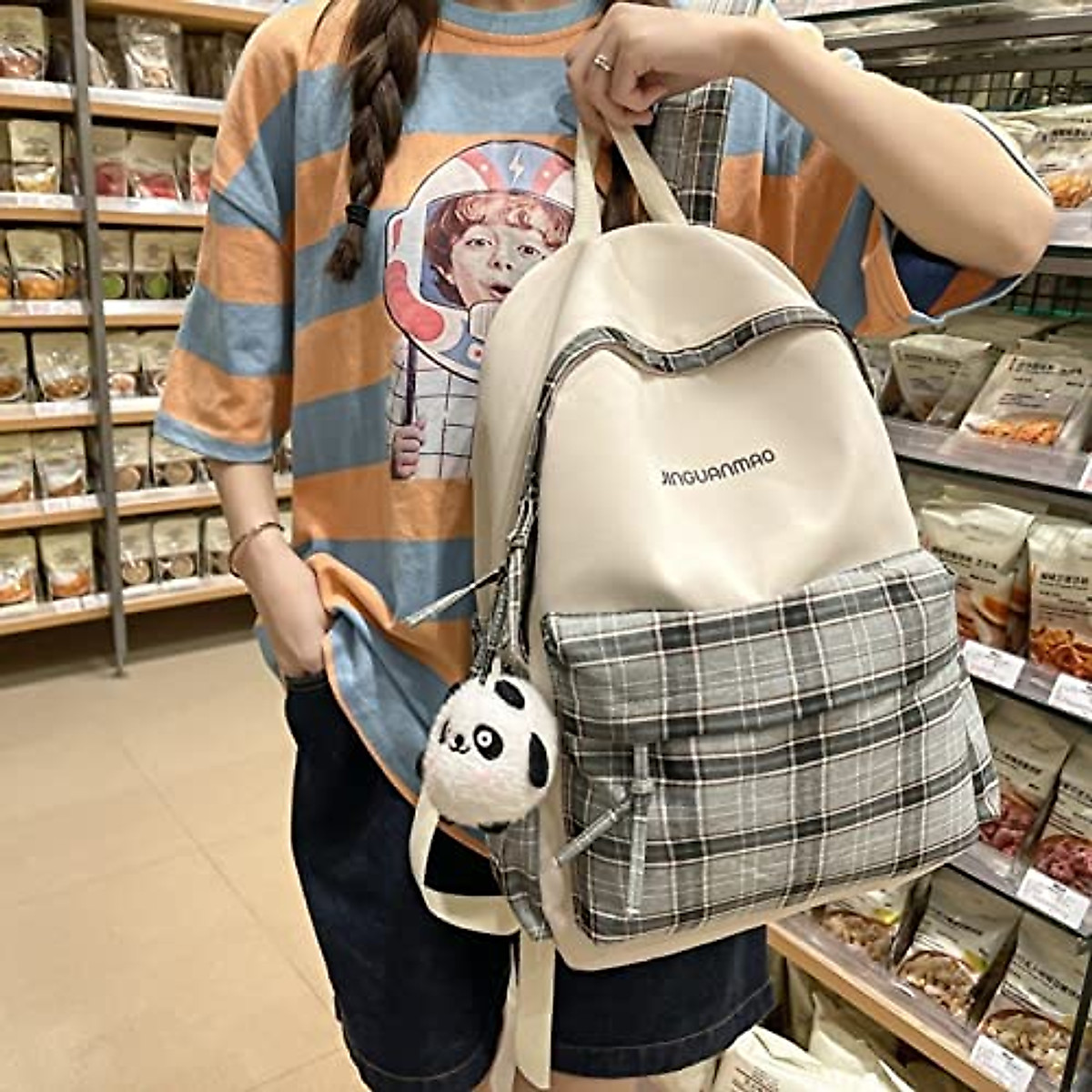 Kawaii Plaid Backpack with 1 Free Cute Panda Pendant for Girls Teens Criss Corss Aesthetic Daypack Satchel (Beige)