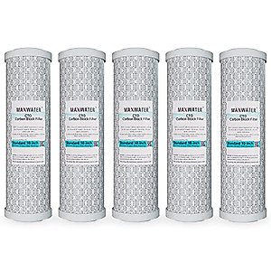 Max Water CTO 1 Micron,10" x 2.5" Replacement Filter Cartridge, Coconut Shell Carbon Block for Whole House Water Filtration System and Standard RO (Reverse Osmosis) Filters - Pack of 5