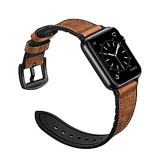 OUHENG Compatible with Apple Watch Band 49mm 45mm 44mm 42mm, Sweatproof Genuine Leather and Rubber Hybrid Band Strap for iWatch Ultra Series 8 7 6 5 4 3 2 1 SE2 SE, Brown Band with Black Adapter
