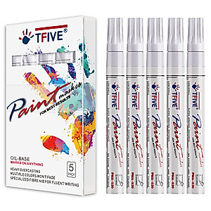 White Paint Marker Paint Pens - 5 Pack Oil Based Permanent Marker Pen, Medium Tip, Waterproof & Quick Dry, for Office, Art projects, Rock Painting, Ceramic, Glass, Wood, Plastic, Metal, Canvas