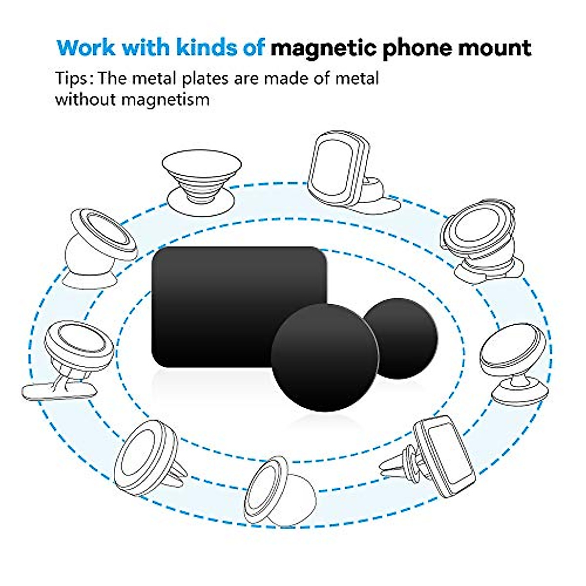 Ozgoe Happy Bell (14 Pack) Universal Mount Metal Plate with Adhesive for All Magnetic Car Mount Cell Phone Holder Cradle-Less Air Vent Mount -– Rectangular and Round,Black