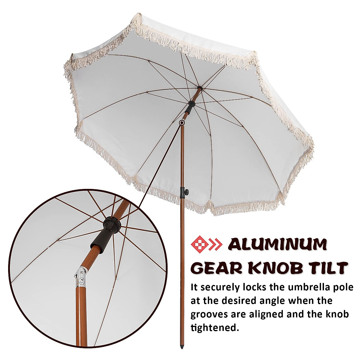 Funsite 7.5Ft Patio Beach Umbrella with Fringe, Tassel Umbrella UPF50+ with Push Botton Tilt & Crank, Holiday Outdoor Umbrella with Carry Bag Ideal for Garden, Lawn, Deck, Yard&Pool, White