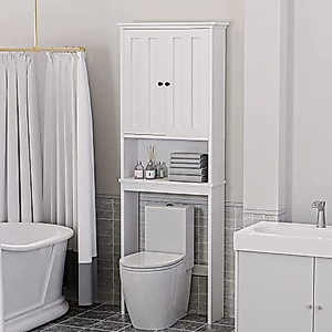 Angel Sar Over The Toilet Storage Cabinet, Space-Saving Bathroom Shelf, Bathroom Organizer with Open Shelf and Doors, White1