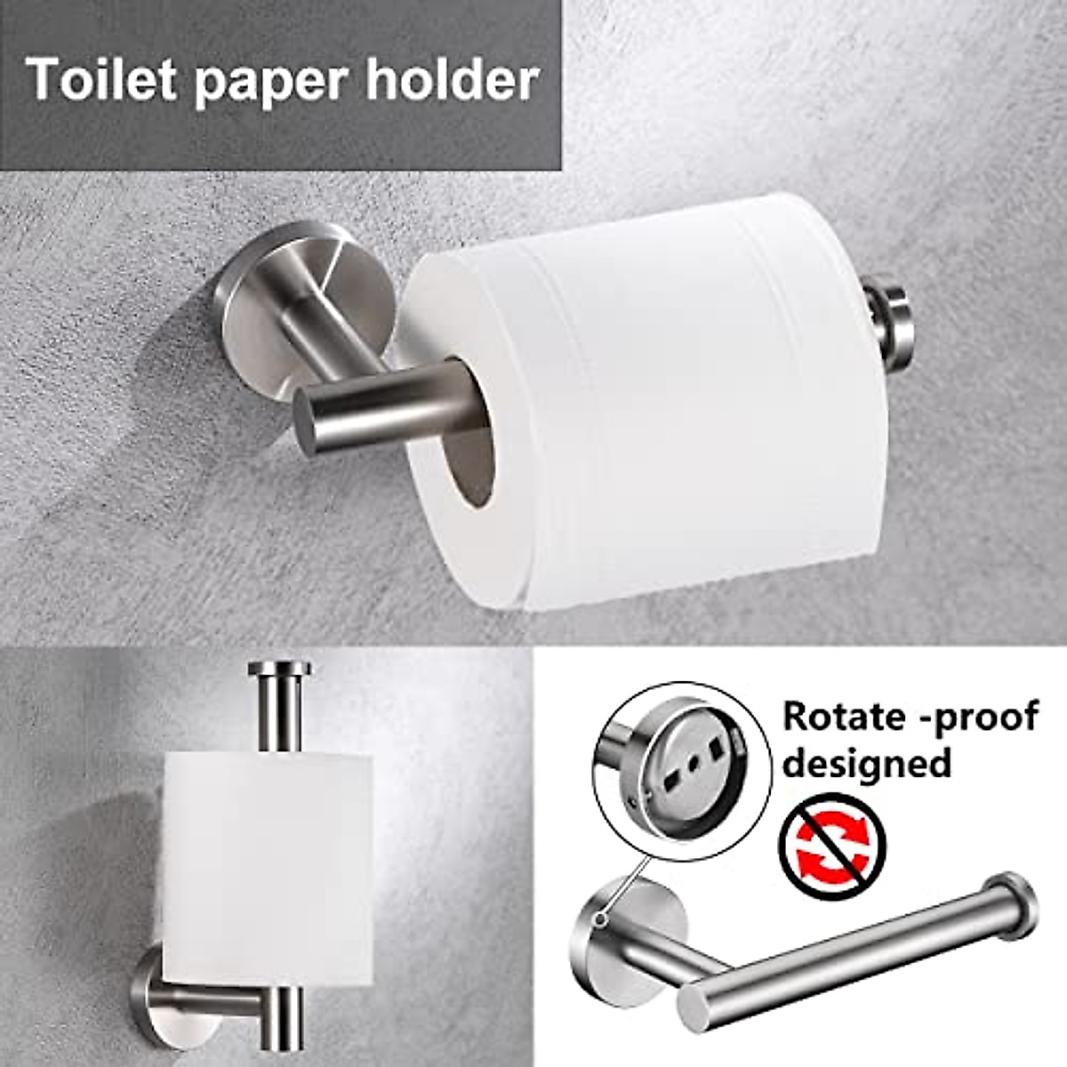 5 Pieces Brushed Nickel Bathroom Hardware Set Include 16inch Towel Bar,2pcsTowel Hooks,Toilet Paper Holder,Hand Towel Ring Round SUS304 Stainless Steel Bathroom Accessories Set Heavy Duty Wall Mounted