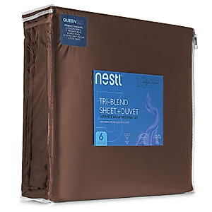 Nestl Duvet Cover 6-Piece Set - Tri-Blend Cotton Deep Pocket Fitted Sheet, Zipper Duvet Cover, 2 Cool Pillow Cases, 2 Pillow Shams - Queen, Chocolate Brown