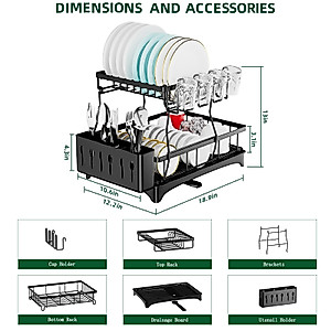 Enutogo Dish Drying Rack, 2-Tier Kitchen Dish Racks with Drainboard, Dish Drainer Set for Kitchen Counter with Utensil Holder, Large Dish Rack Organizer Set for Plates Drying, Stainless Steel