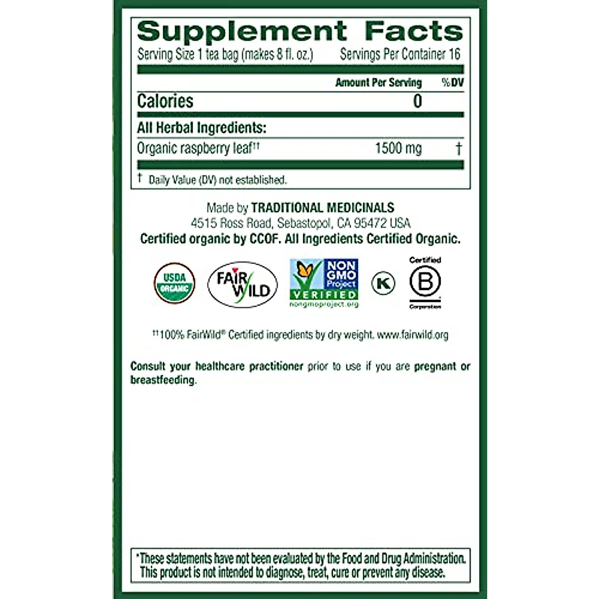 Traditional Medicinals Organic Raspberry Leaf Herbal Tea Caffeine Free, (Pack of 4) Total 64 Total Bag Tea