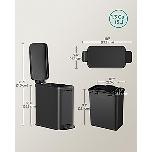 SONGMICS Bathroom Trash Can, 1.3 Gallon (5 L) Small Trash Bin with Lid, Slim for Small Spaces, Stainless Steel Garbage Can, Soft Close, Black ULTB560B05