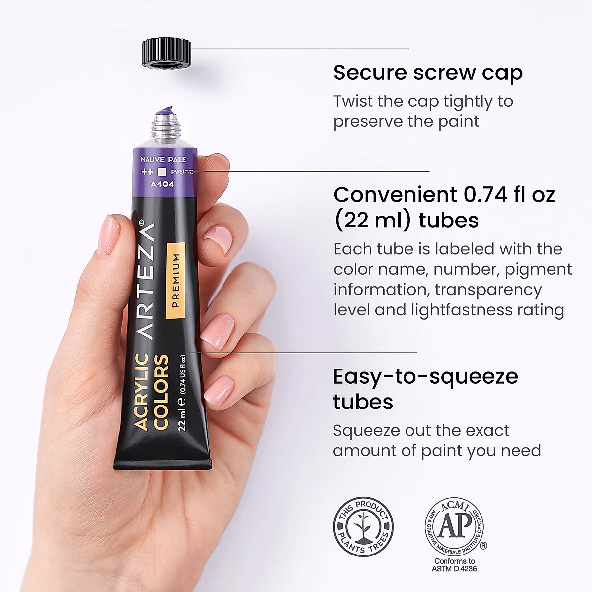 ARTEZA Acrylic Paint, Set of 60 Colors, 0.74 oz/22 ml Tubes, includes 5 Metallic Colors, Rich Pigments, Non-Fading, Non-Toxic Paints for Artist & Hobby Painters, Art Supplies for Painting