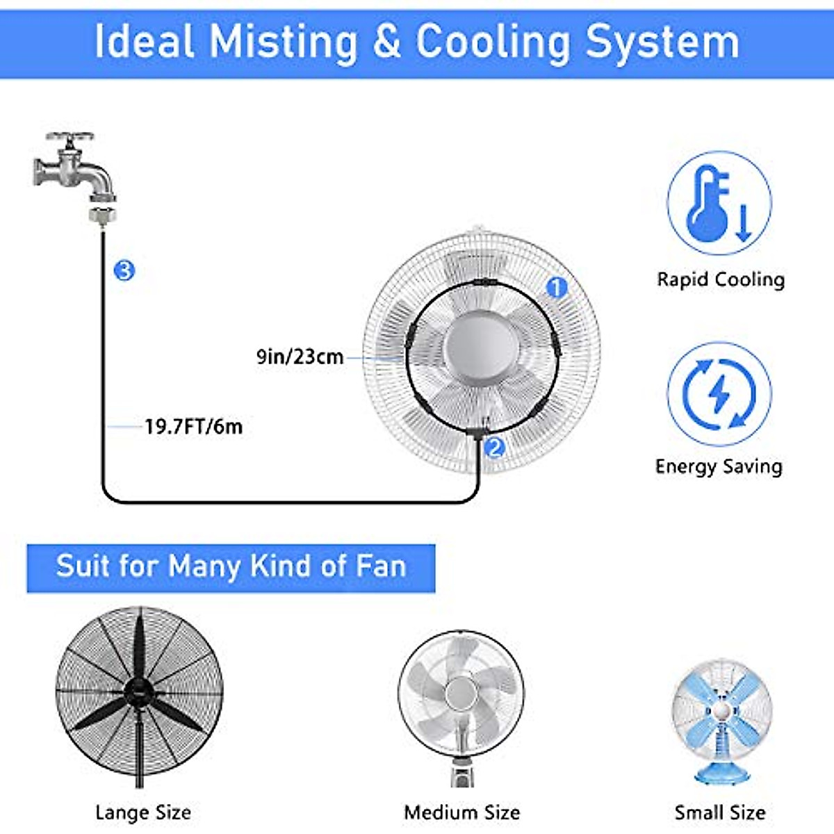 XDDIAS Fan Misting Kit for Outdoor Misting Cooling System with 19.67FT (6M) Misting Line+6 Nozzle+A Faucet Adapter DIY Cool Patio Breeze Misters Fan for Any Outdoor Fans