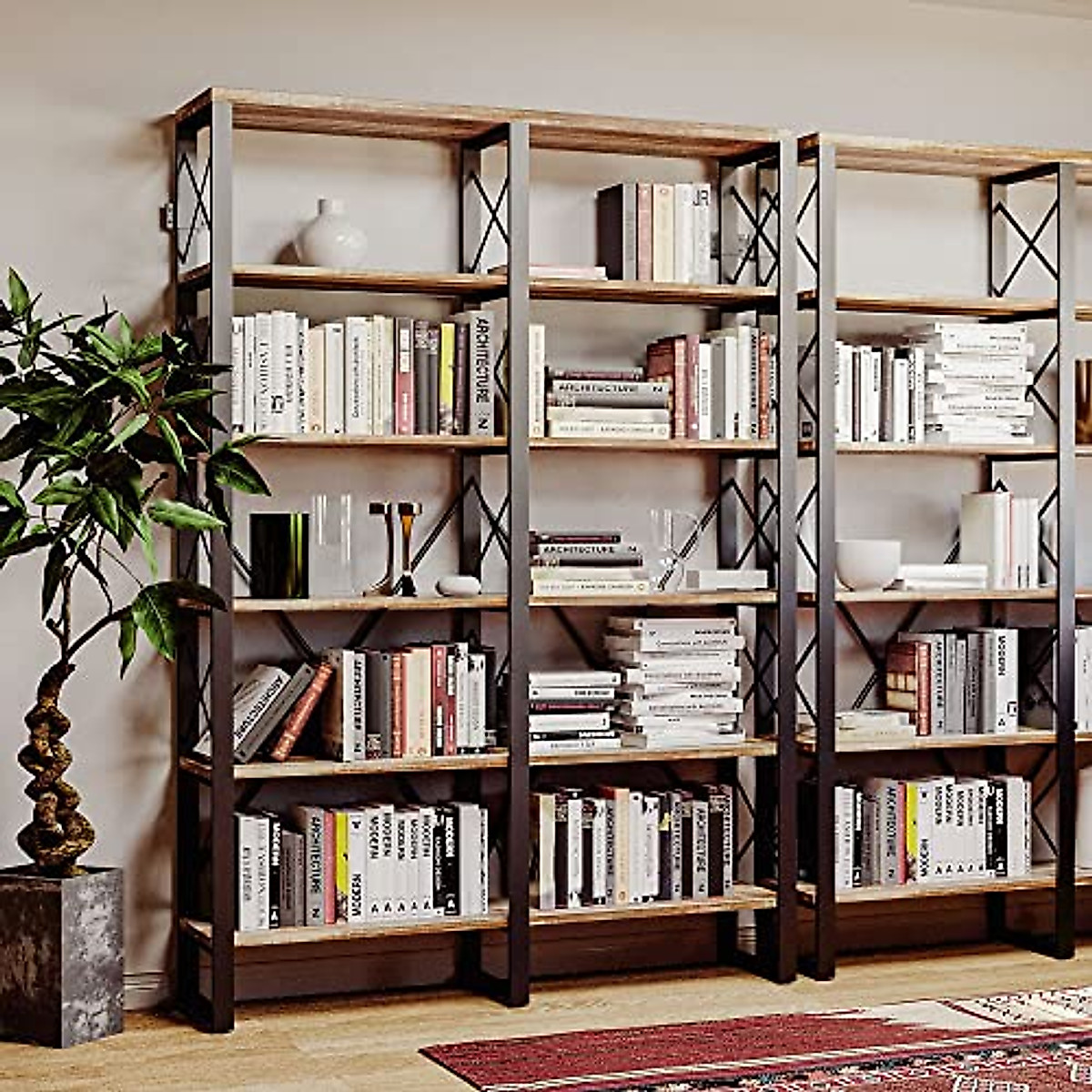 IRONCK Industrial Bookshelf Double Wide 6-Tier, Open Large Bookcase, Wood and Metal Bookshelves for Home Office, Easy Assembly