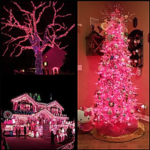 YULETIME 100 Feet 300 Count Pink LED String Lights with 8 Models Adapter, Clear Wire Wide Angle 5mm Christmas Lights (Pink - Multimode)