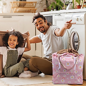 SANFERGE 2 Pack Travel Laundry Bag with Handle and Drawstring, Expandable Foldable Dirty Clothes Bags with Hook and Zipper, 23*20 inch, Cartoon 1 White + Pink