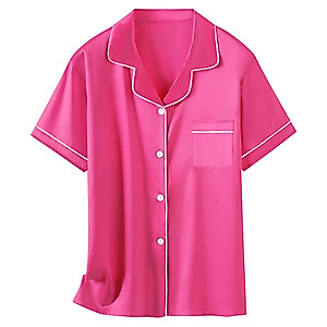 Schbbbta Satin Pajamas for Womens, 2 Pcs Sleepwear Short Sleeve Silk Satin Pajama Outfit for Girls, Hot Pink, US L