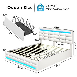 BTHFST Queen LED Bed Frame with Headboard, Faux Leather Platform Bed Frame with 2 USB Charging Station & Storage Drawers, No Squeak, White
