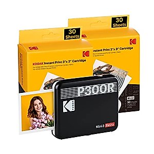KODAK Mini 3 Retro 4PASS Portable Photo Printer (3x3 inches) + 68 Sheets Bundle, Black