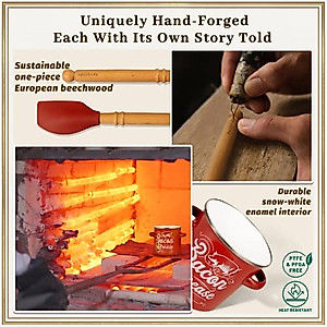 Bacon Grease Container with Strainer - 46OZ Large Capacity, With Silicone Wooden Spatula, Enamel Bacon Grease Keeper for Bacon Drippings, Farmhouse Red Kitchen Decor and Accessories, Dishwasher Safe