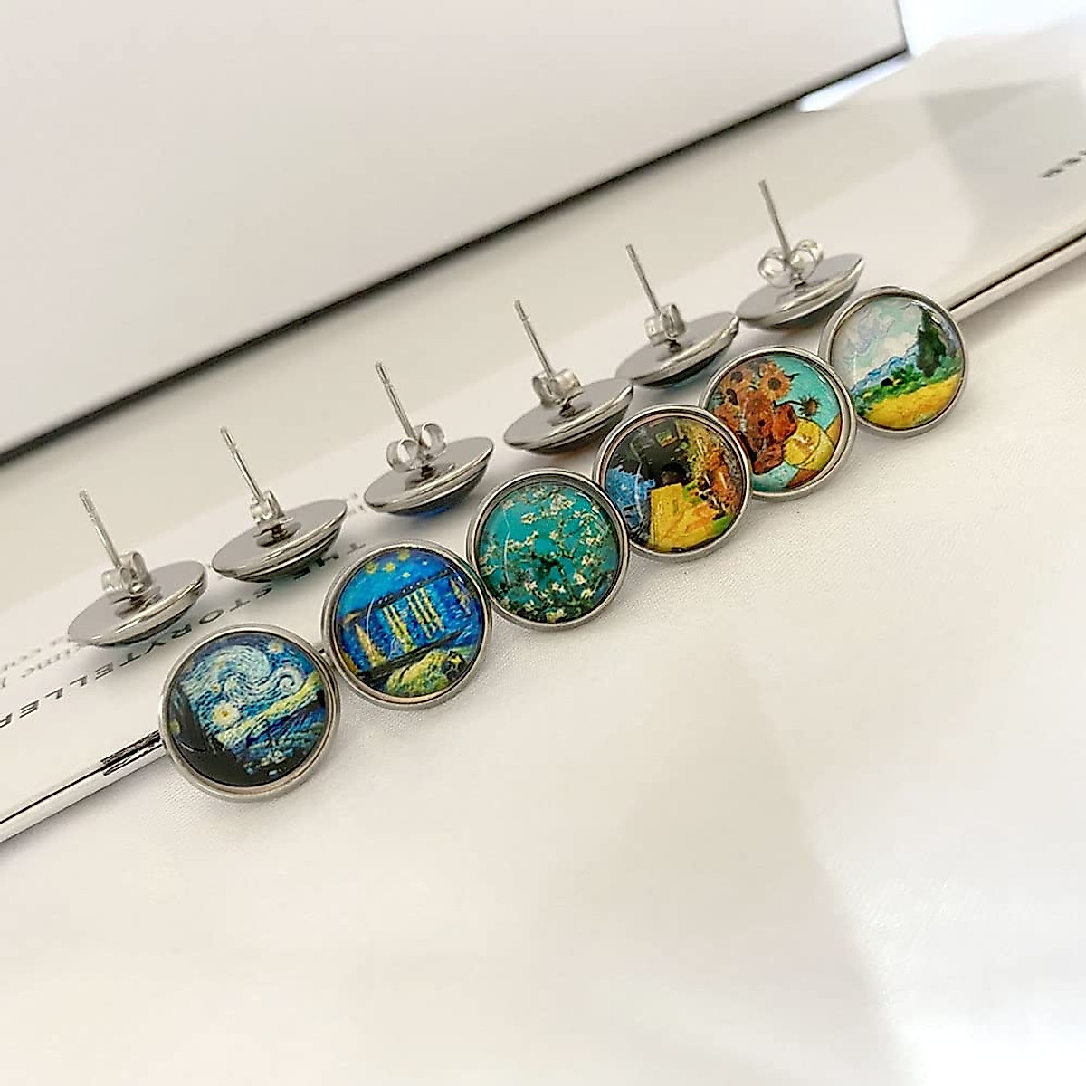 6 Pairs Van Gogh Painting Glass Ball Earrings Van Gogh Starry Sky Starry Night Sunflower Oil Painting Stud Earring Set for Women (Colours-6Pc)
