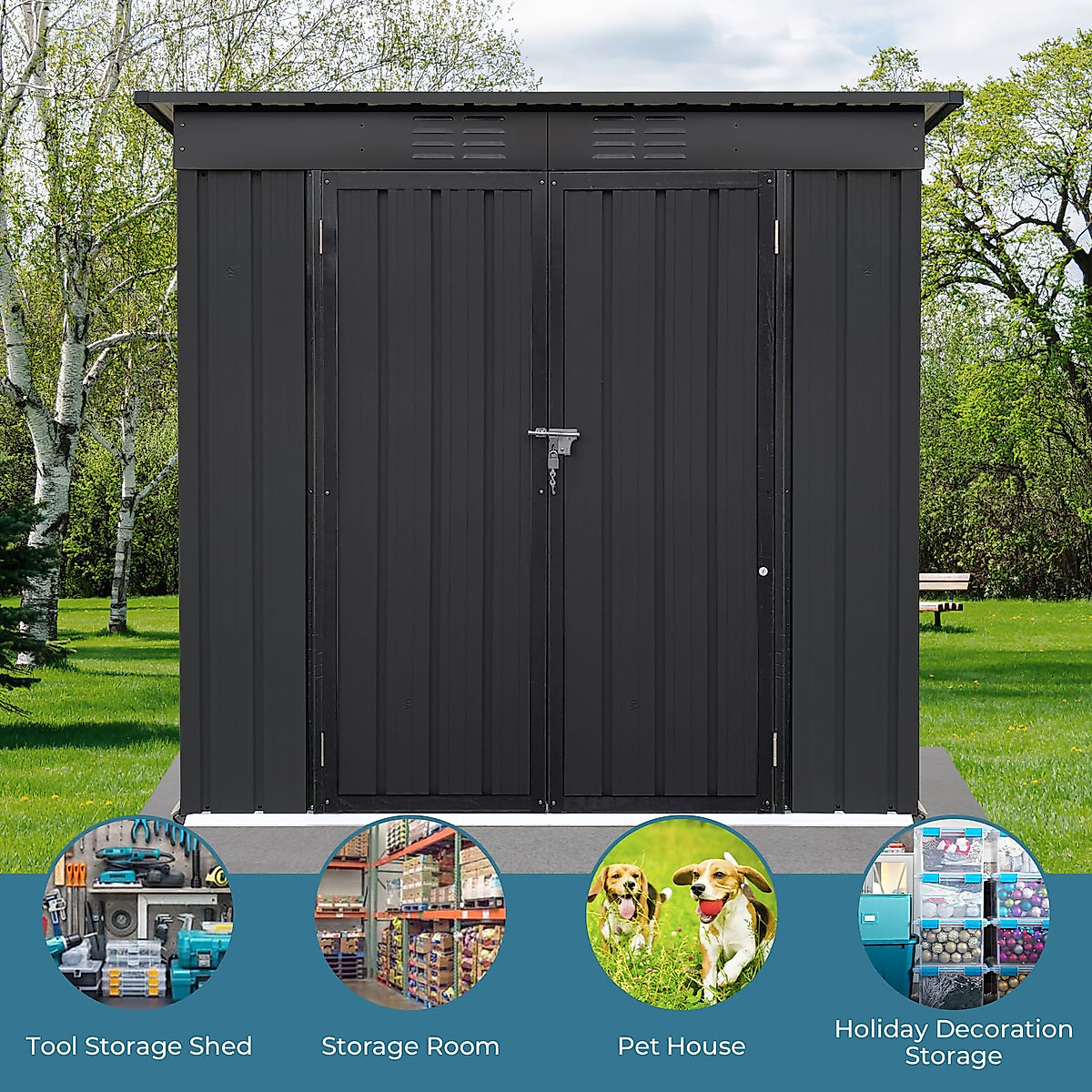 Zevemomo 6 x 4 ft Outdoor Storage Shed, All Weather Metal Shed with Metal Foundation & Lockable Door, Tool Shed Outdoor Storage for Garden, Patio, Backyard, Lawn, Black