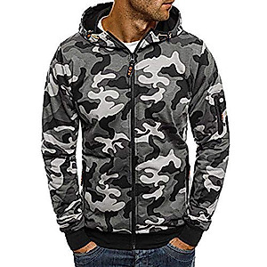 Mens Zipper Hooded Sweatshirts, Thenlian Mens Camouflage Zipper Pullover Long Sleeve Hooded Sweatshirt Tops Blouse(Gray, L)
