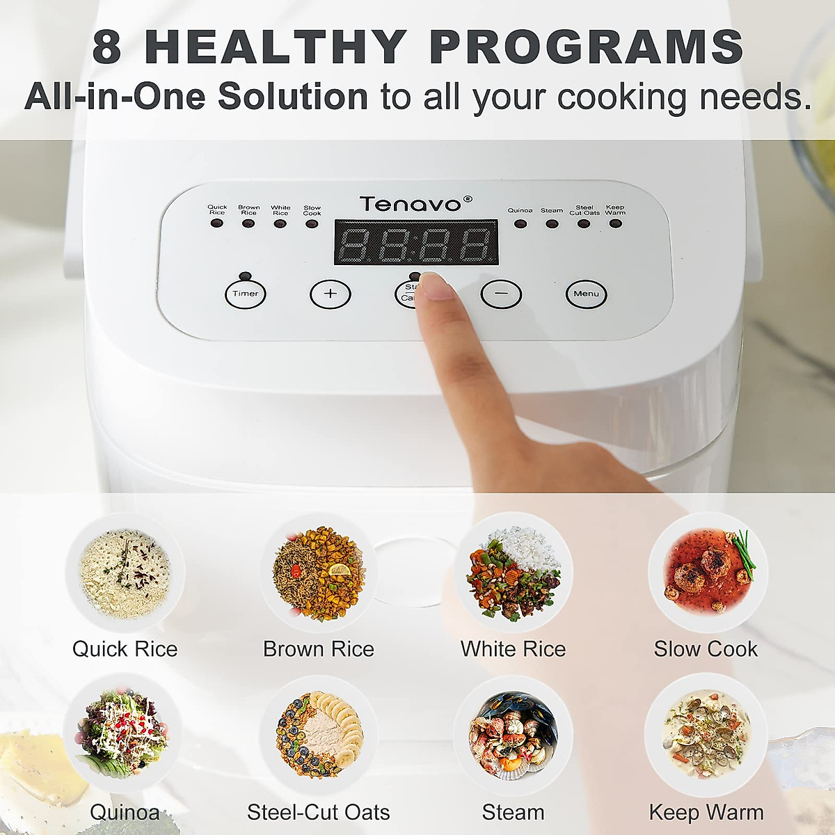 Tenavo Digital Mini Rice Cooker 4 Cups Uncooked, 2L Rice Cooker Small, Portable Rice Cooker Small for 3-4 People, Travel Rice Cooker, Multi-cooker with 8 Smart Programs, 400W, White