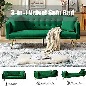 anwickjeff Modern Velvet Futon Sofa Bed, Convertible 3 Adjustable Couch Loveseat with 2 Pillows, Folding Upholstered Sleeper with 5 Metal Leg for Living Room Apartment Office Bedroom (Green)