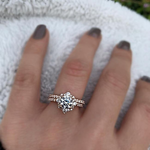 Round Cut Halo Engagement Ring for Women Bridal Sets Moissanite Engagement Ring Rose Gold Wedding Ring Set Sterling Silver 925 Free Engraving