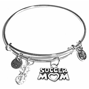 Hidden Hollow Beads Women's Stainless Steel Message Charm Expandable Wire Bangle Bracelet, Very Popular and Stylish, Arrives in a Gift Box. (Soccer Mom)