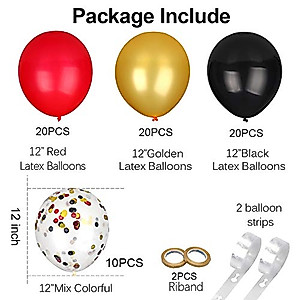 Red Black and Gold Confetti Balloons Kit,70pcs 12 inch Latex Balloons for Shower Wedding Christmas Halloween Valentine's Day Bachelorette Birthday Decorations,2 pcs Balloon Chain
